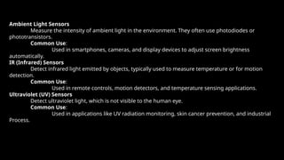 Different types of Sensors, ultrasonic, light, color and pressure | PPTX