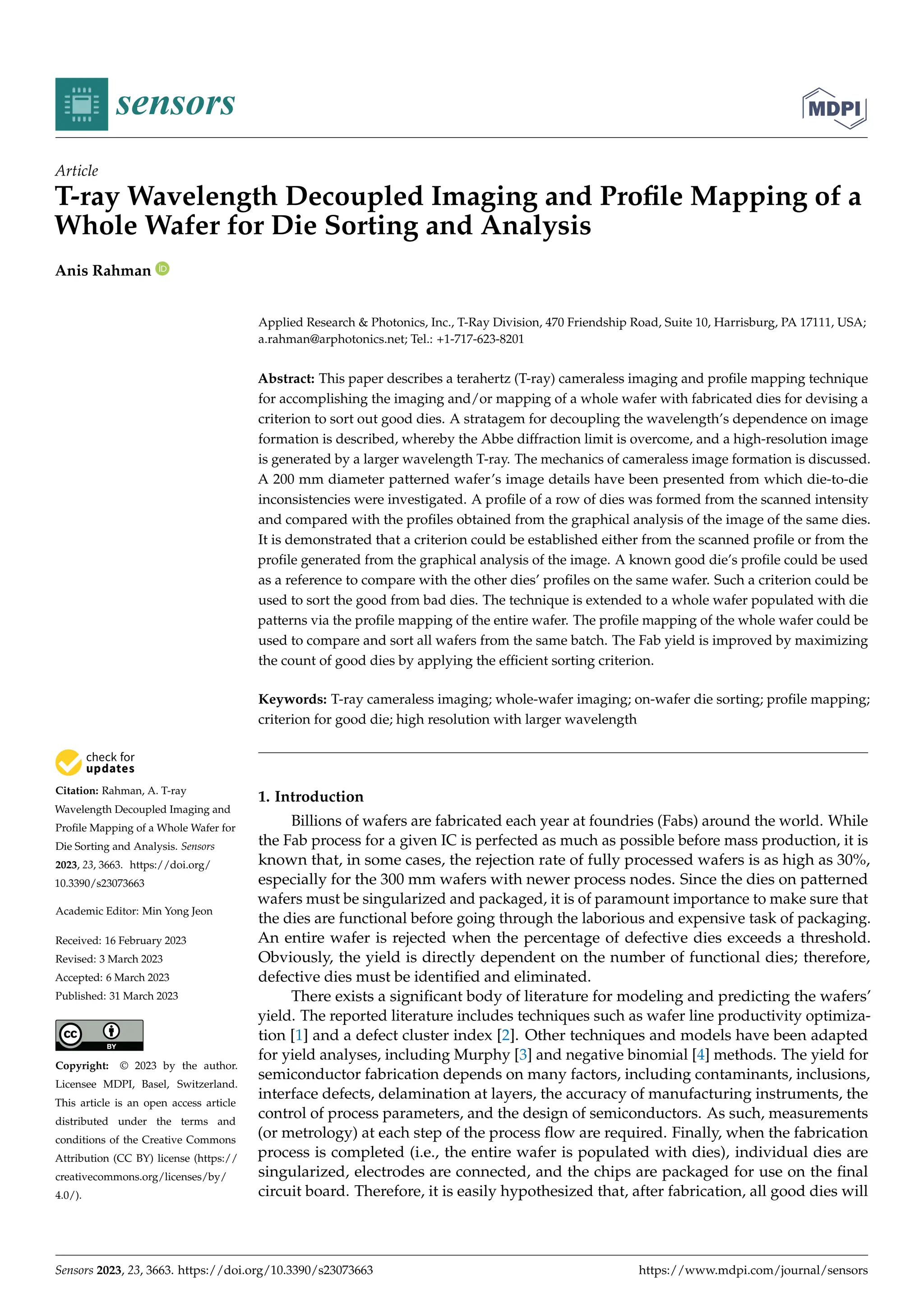 T-ray Wavelength Decoupled Imaging and Profile Mapping of a Whole Wafer ...