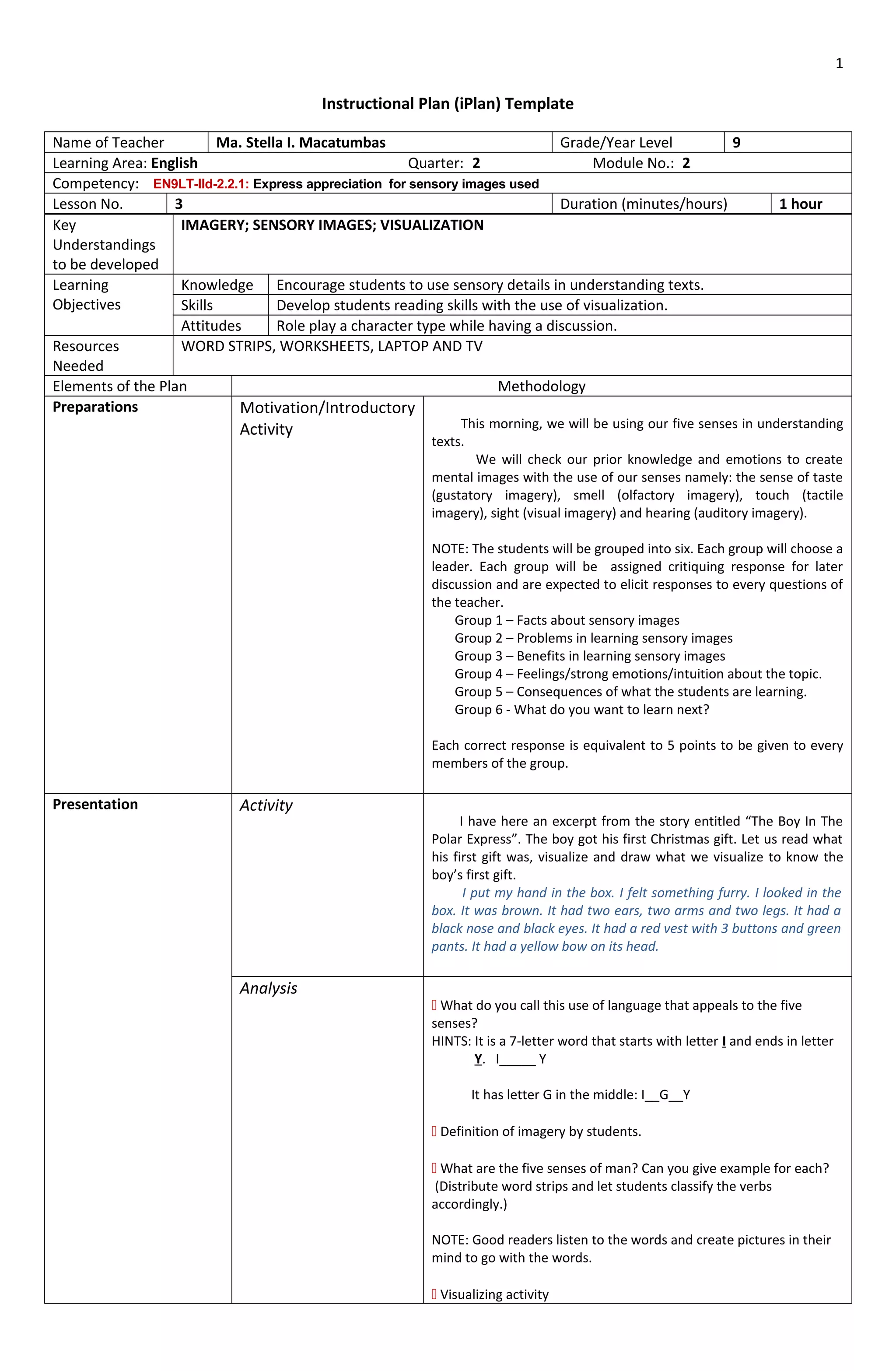 Lesson Plan Eng 9 Sensory images | DOC