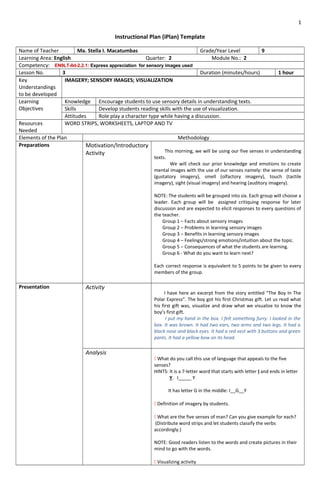 Lesson Plan Eng 9 Sensory images | DOC