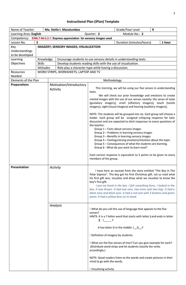 Lesson Plan Eng 9 Sensory images | DOC