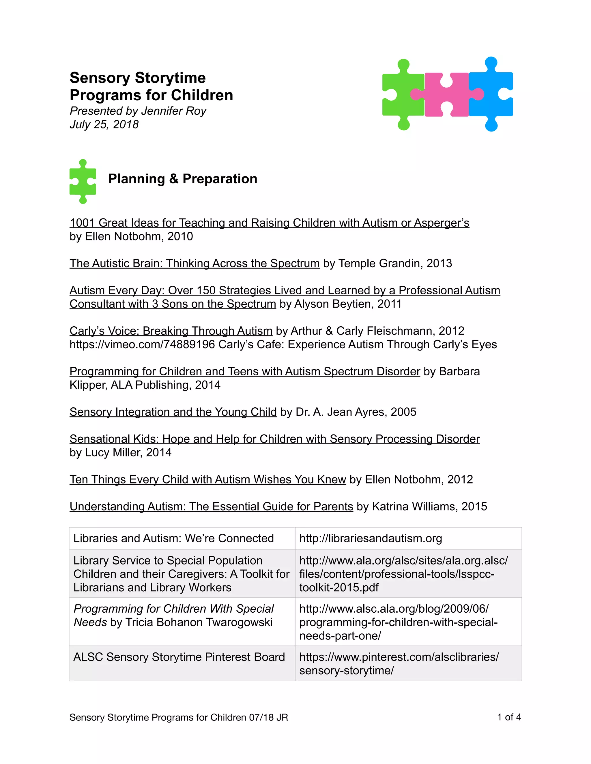 Sensory Storytime Programs: Resource Handout (July 2018) | PDF