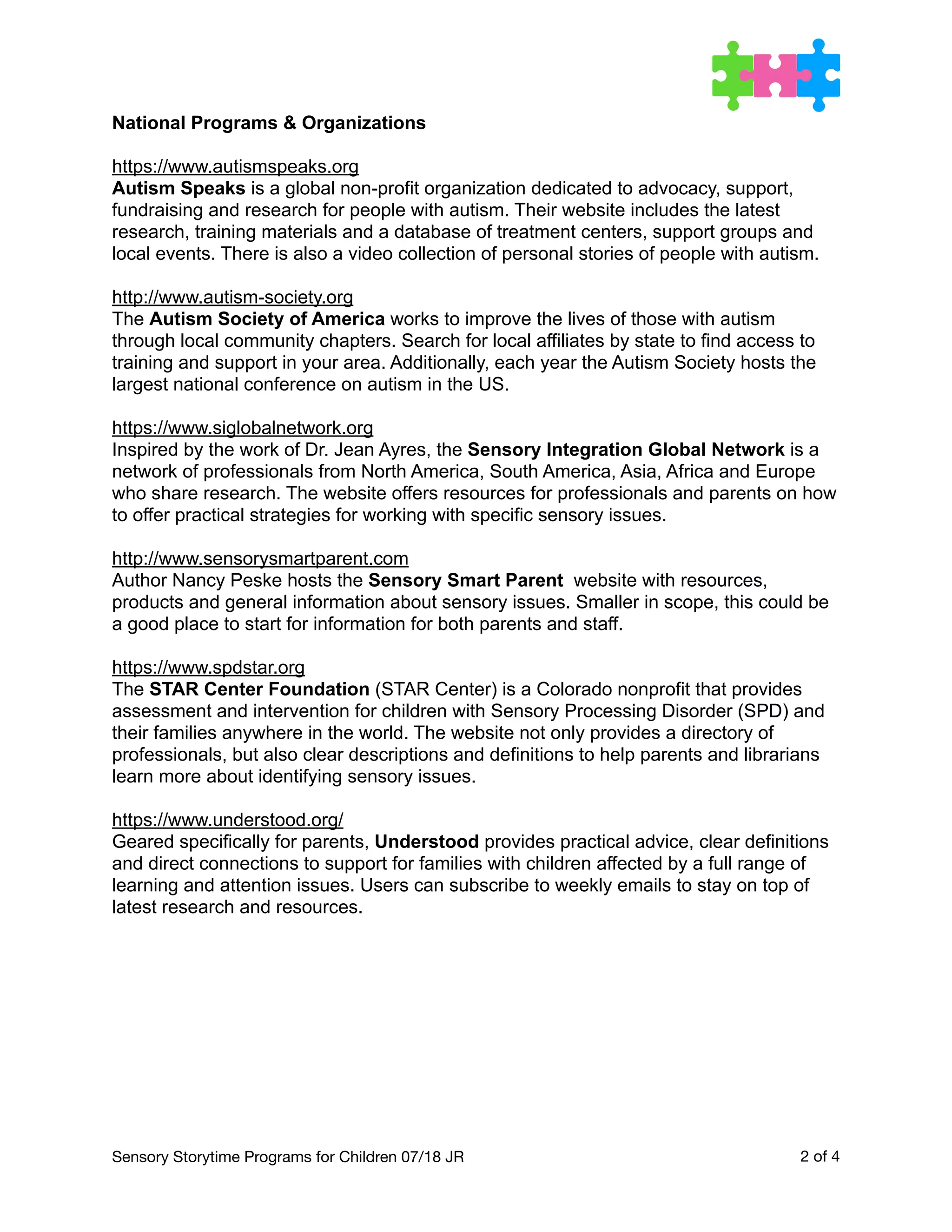 Sensory Storytime Programs: Resource Handout (July 2018) | PDF