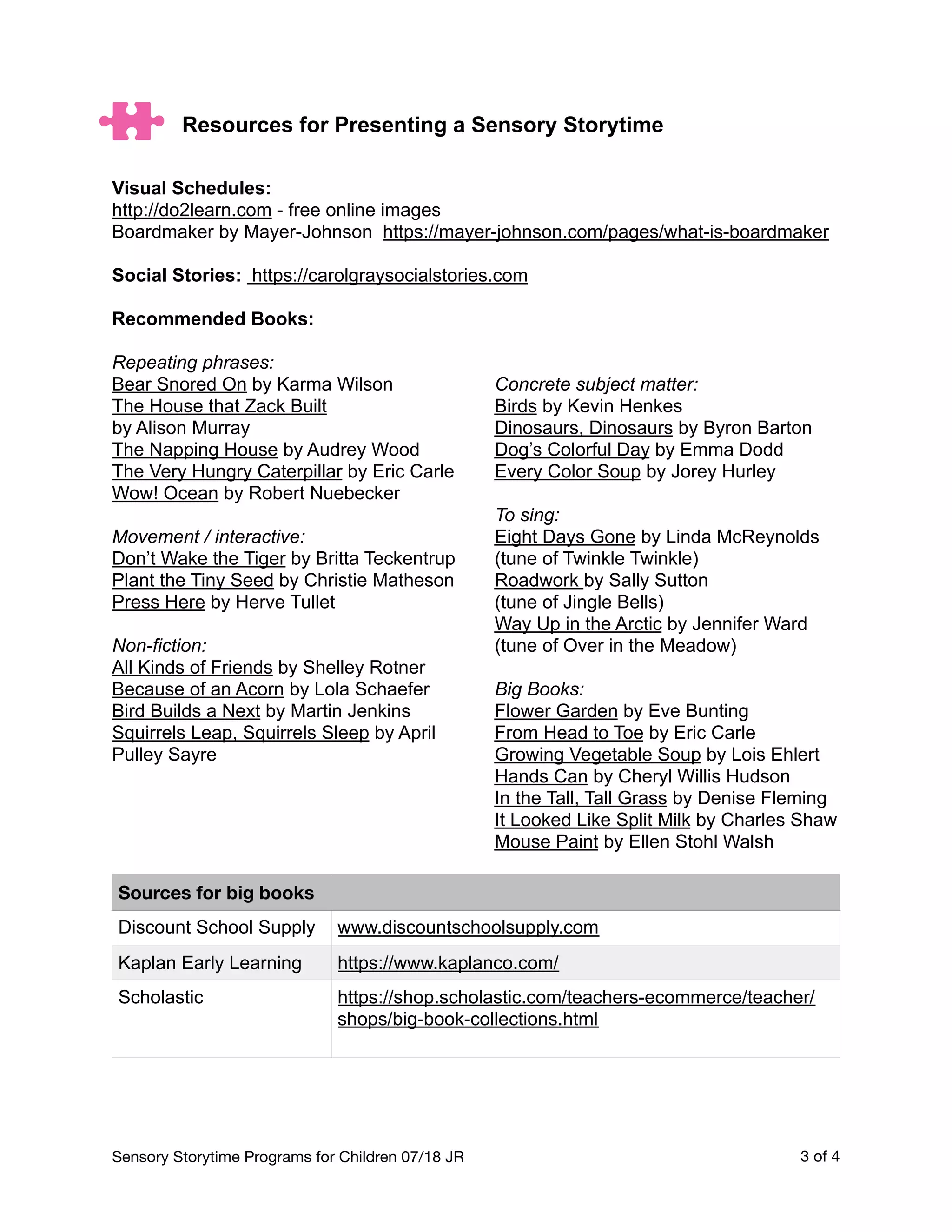 Sensory Storytime Programs: Resource Handout (July 2018) | PDF