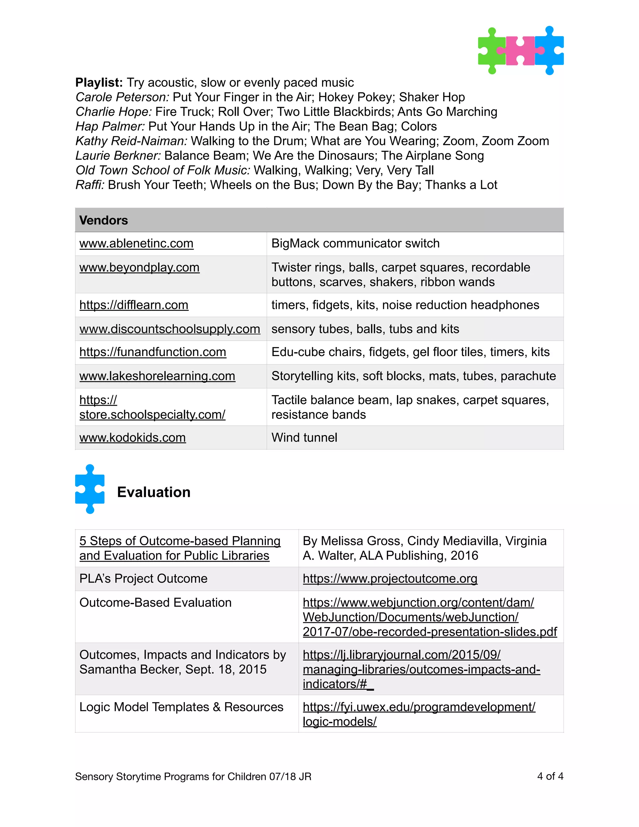 Sensory Storytime Programs: Resource Handout (July 2018) | PDF