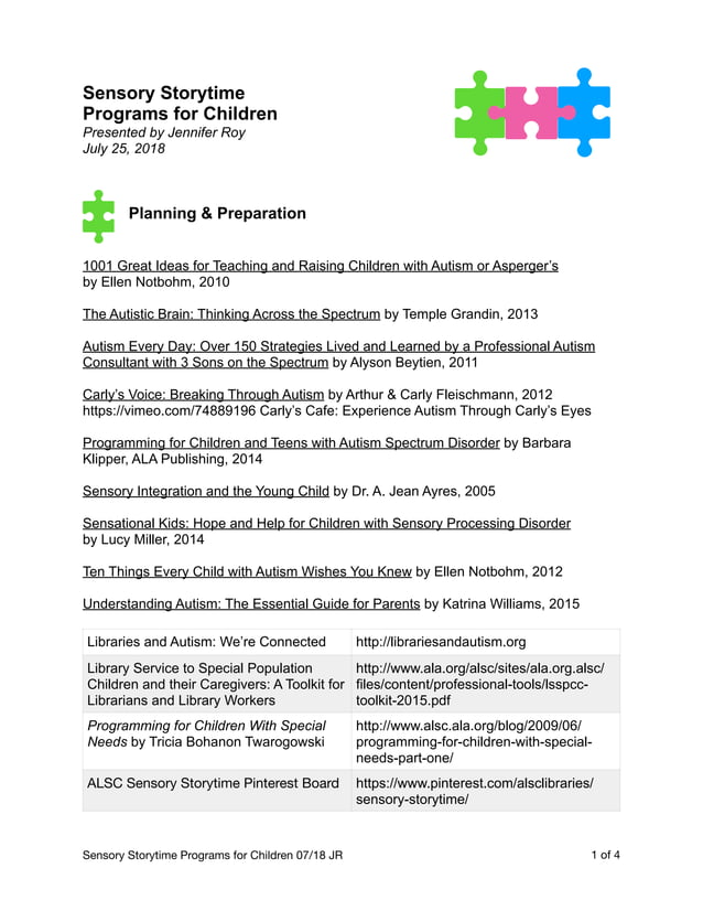 Sensory Storytime Programs: Resource Handout (July 2018) | PDF