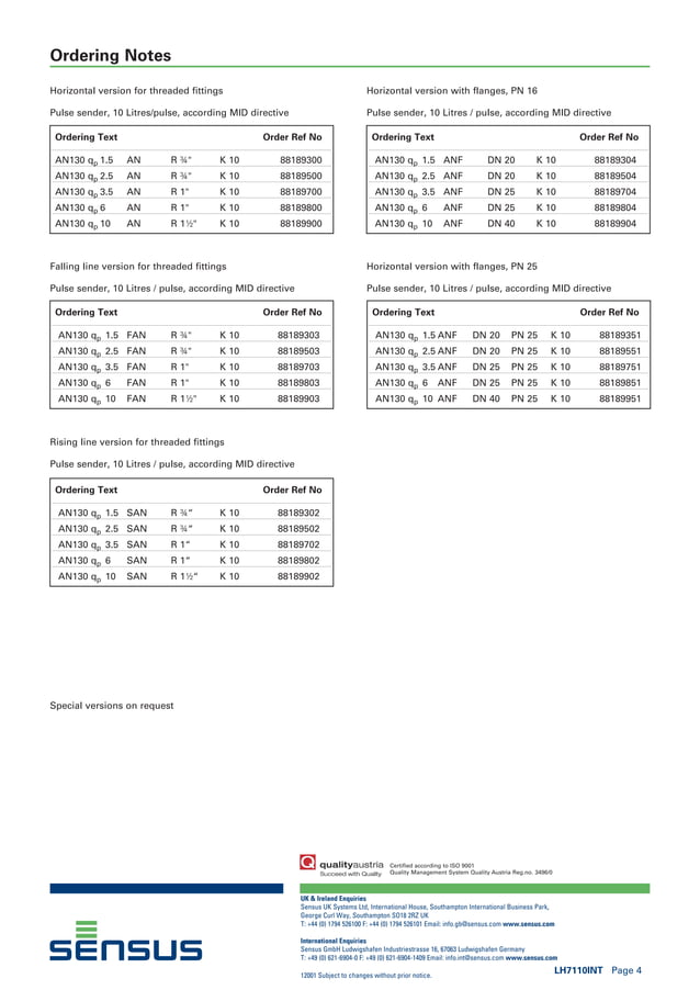 Sensus AN130 Flow Meter - Spec Sheet | PDF | Physics | Science