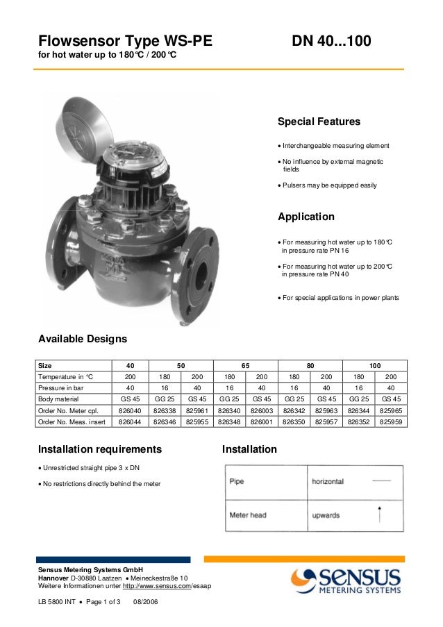 Sensus WS-PE High Pressure Hot Water Meter - Spec Sheet