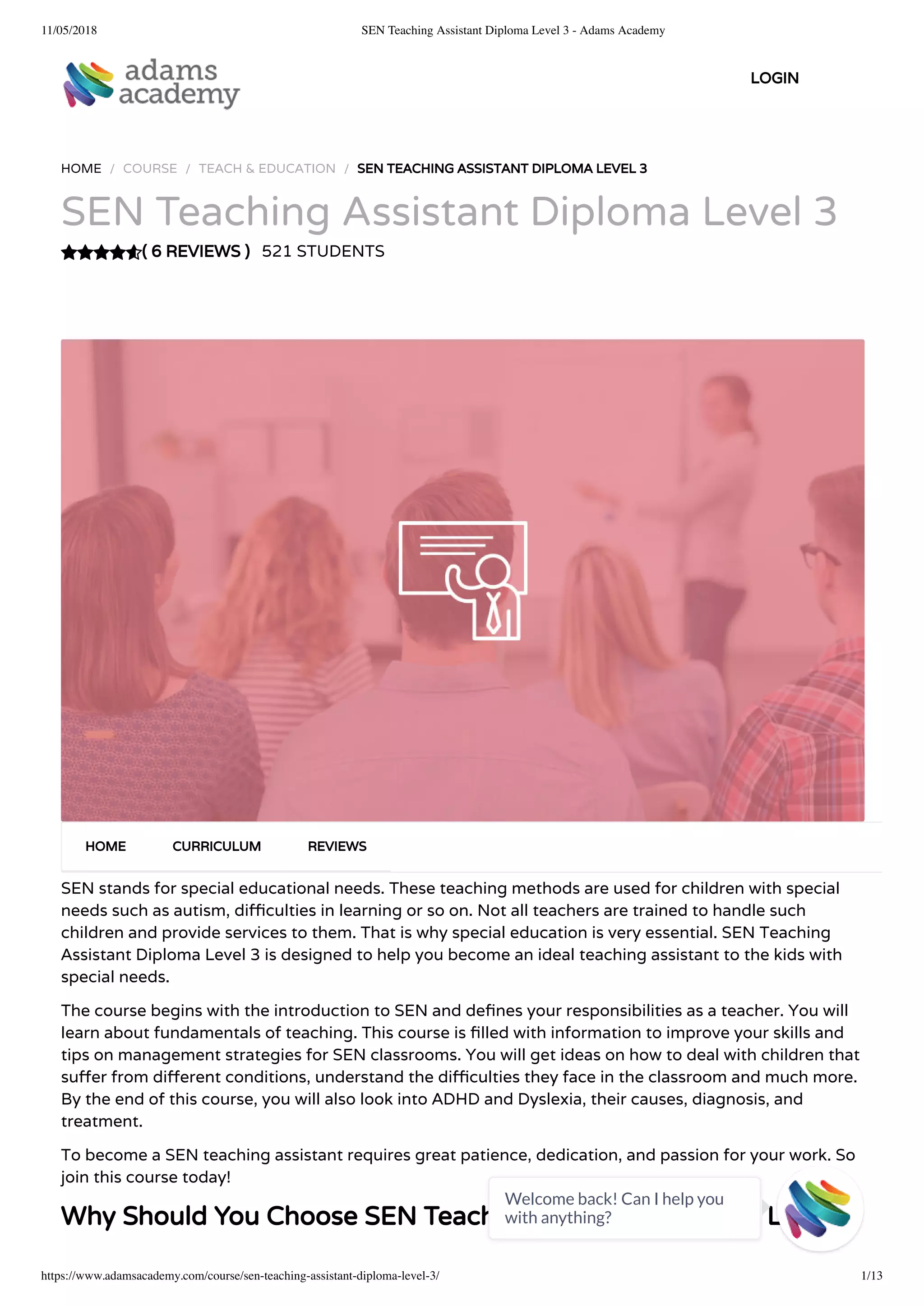 Sen teaching assistant diploma level 3 - Adams Academy | PDF