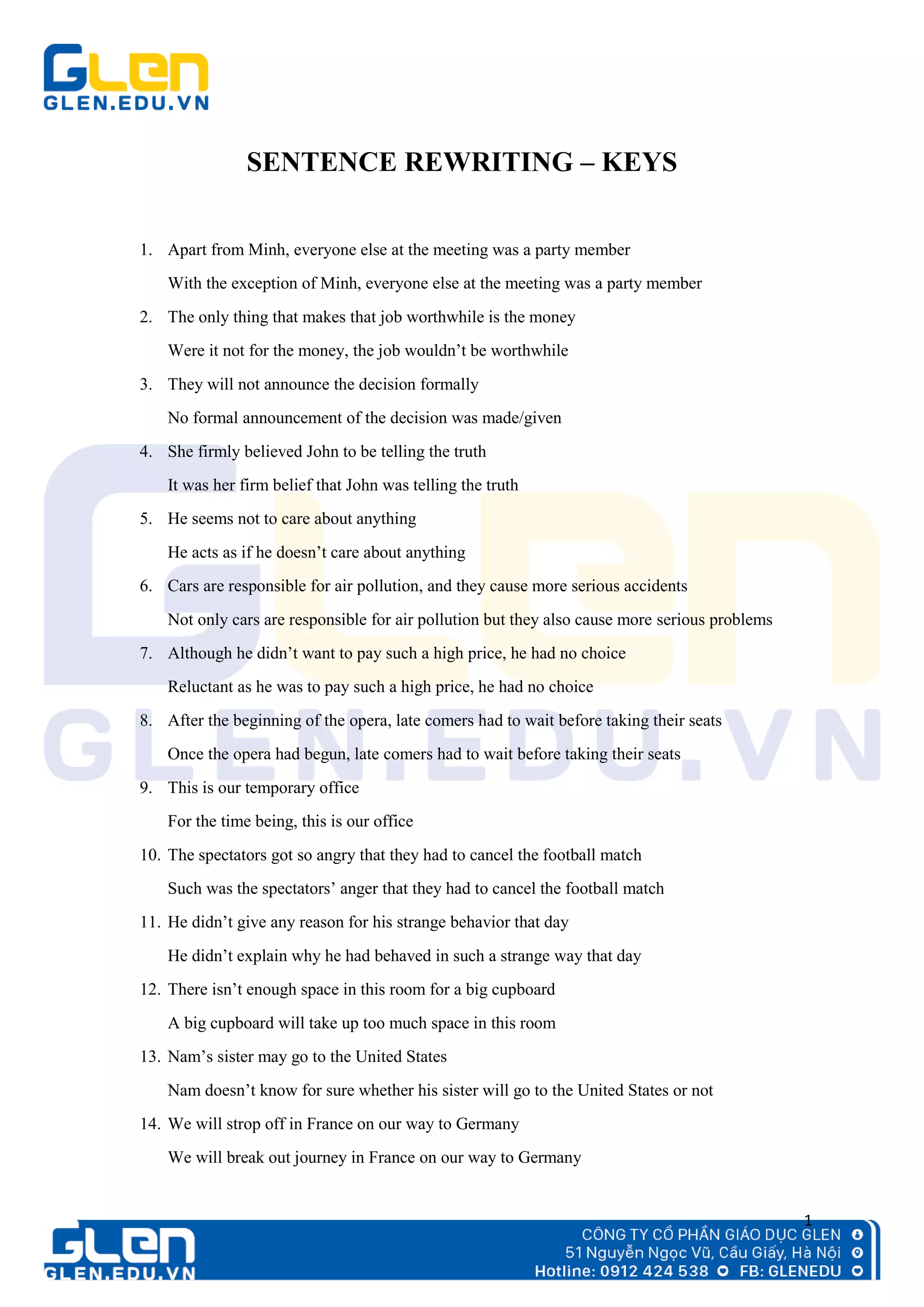 Sentence rewriting keys | PDF