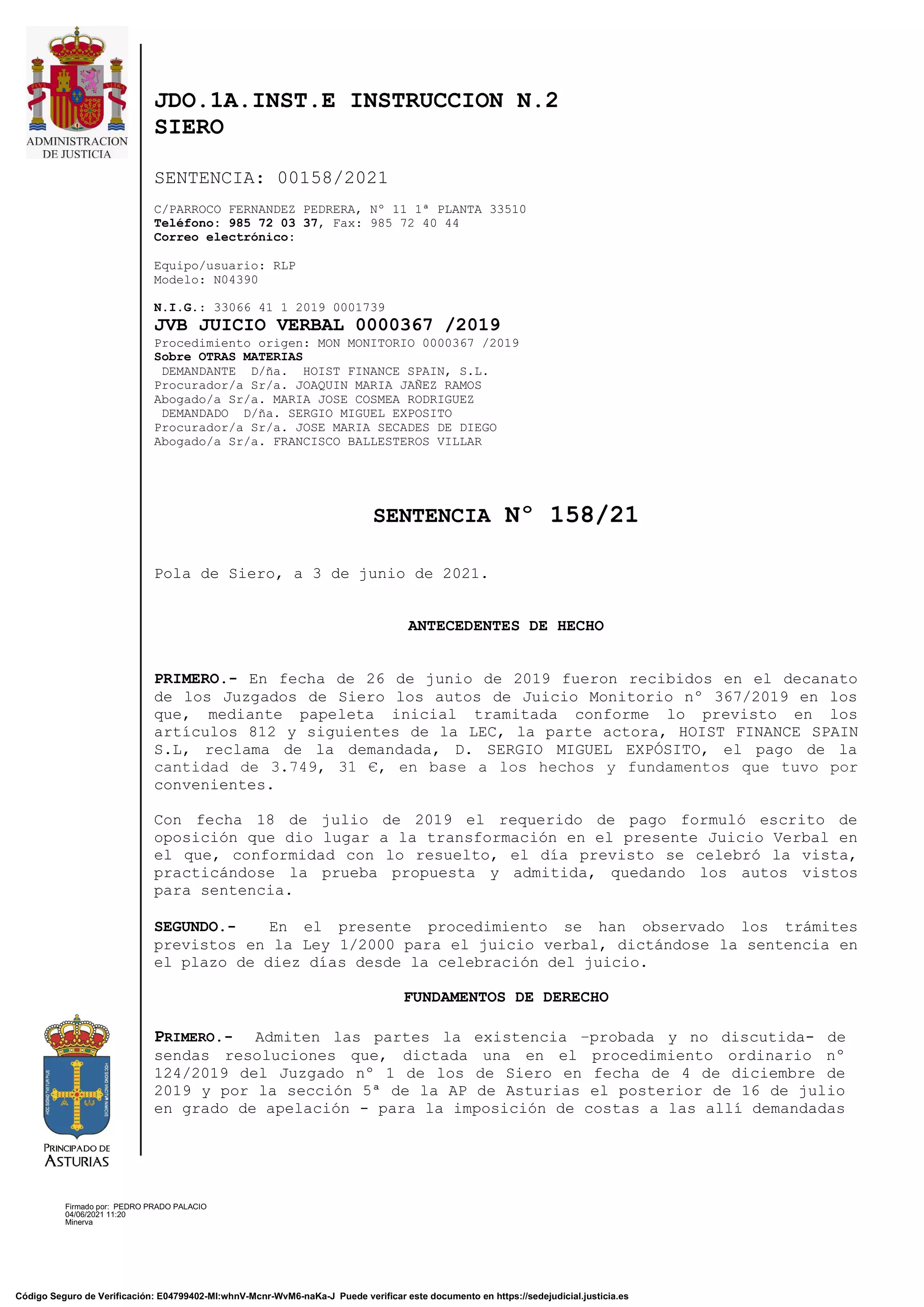 Sentencia 2021 6 3 juzgado siero 2 hoist vs sergio miguel cosa juzgada ...