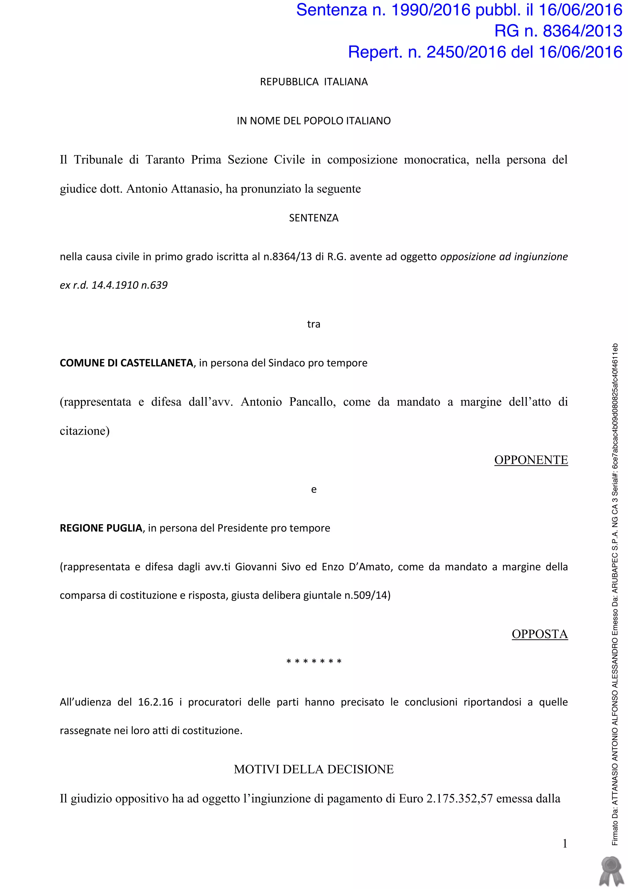 Sentenza condanna acque reflue castellaneta 26 giugno 2016 | PDF