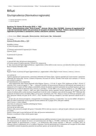 Sentenza TAR Veneto 28_12_2016, n 1422 End of Waste | PDF