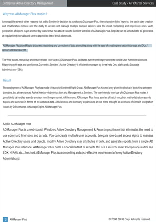 Sentient Flight Group Effectively Manages Multiple Domains using ADManager Plus | PDF