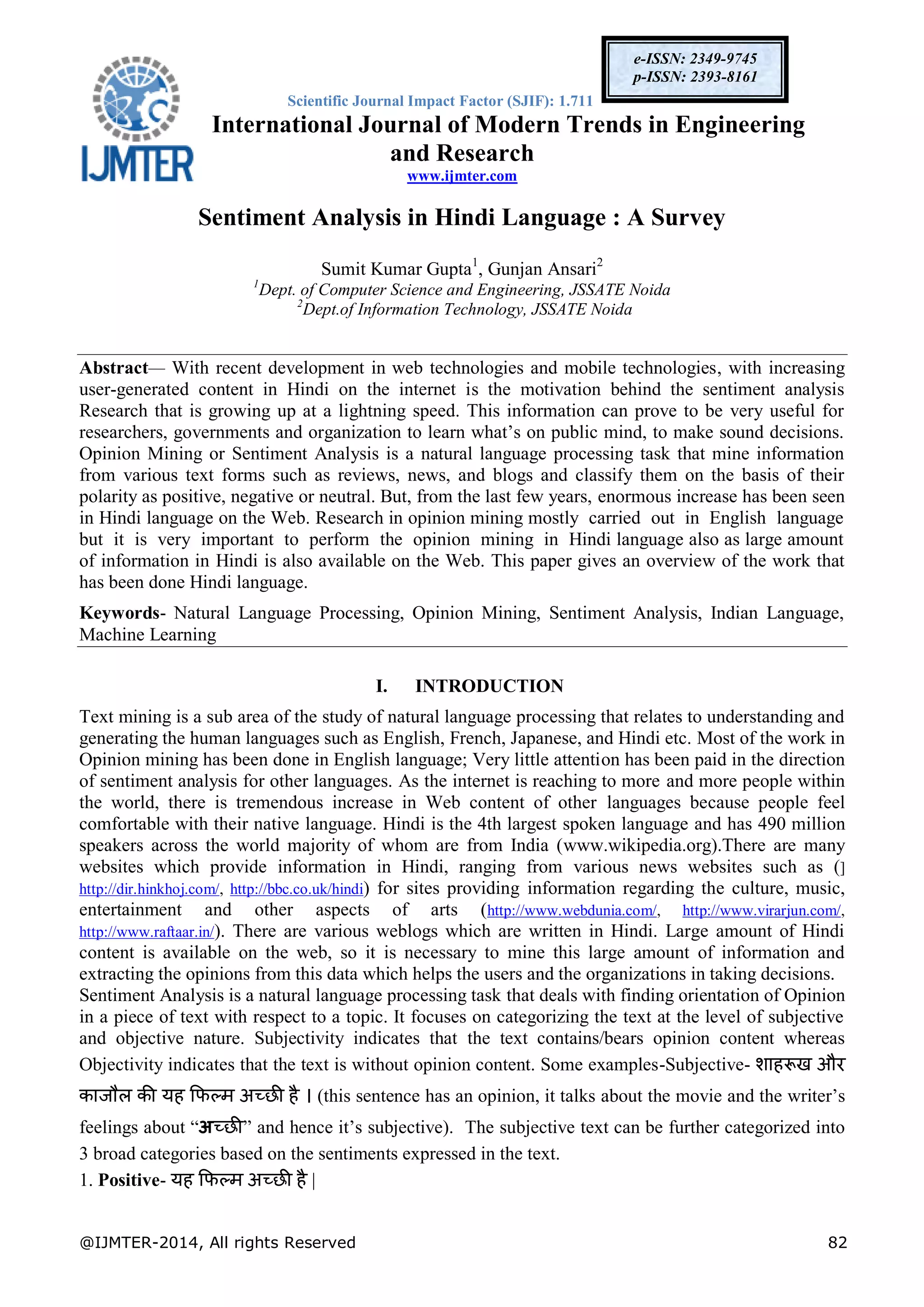 Sentiment Analysis in Hindi Language : A Survey | PDF