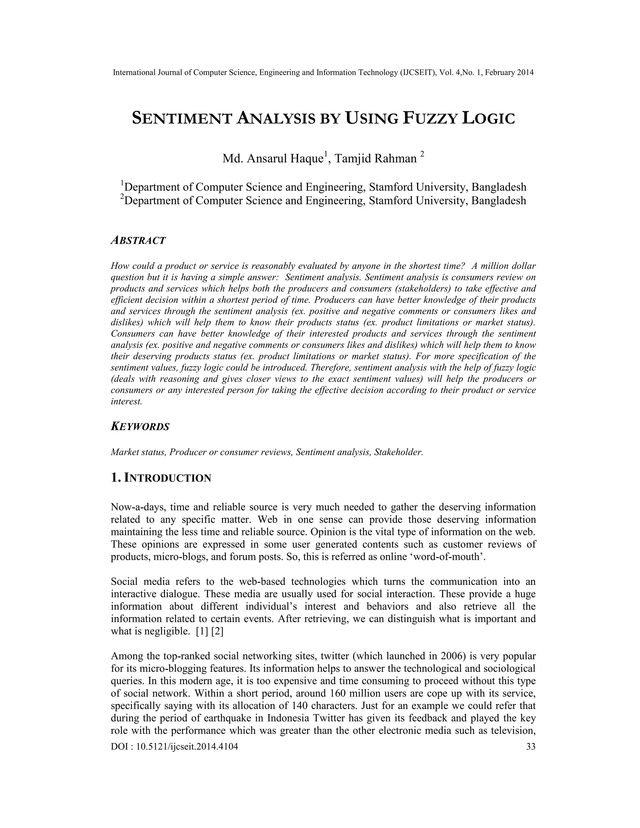 Sentiment analysis by using fuzzy logic | PDF