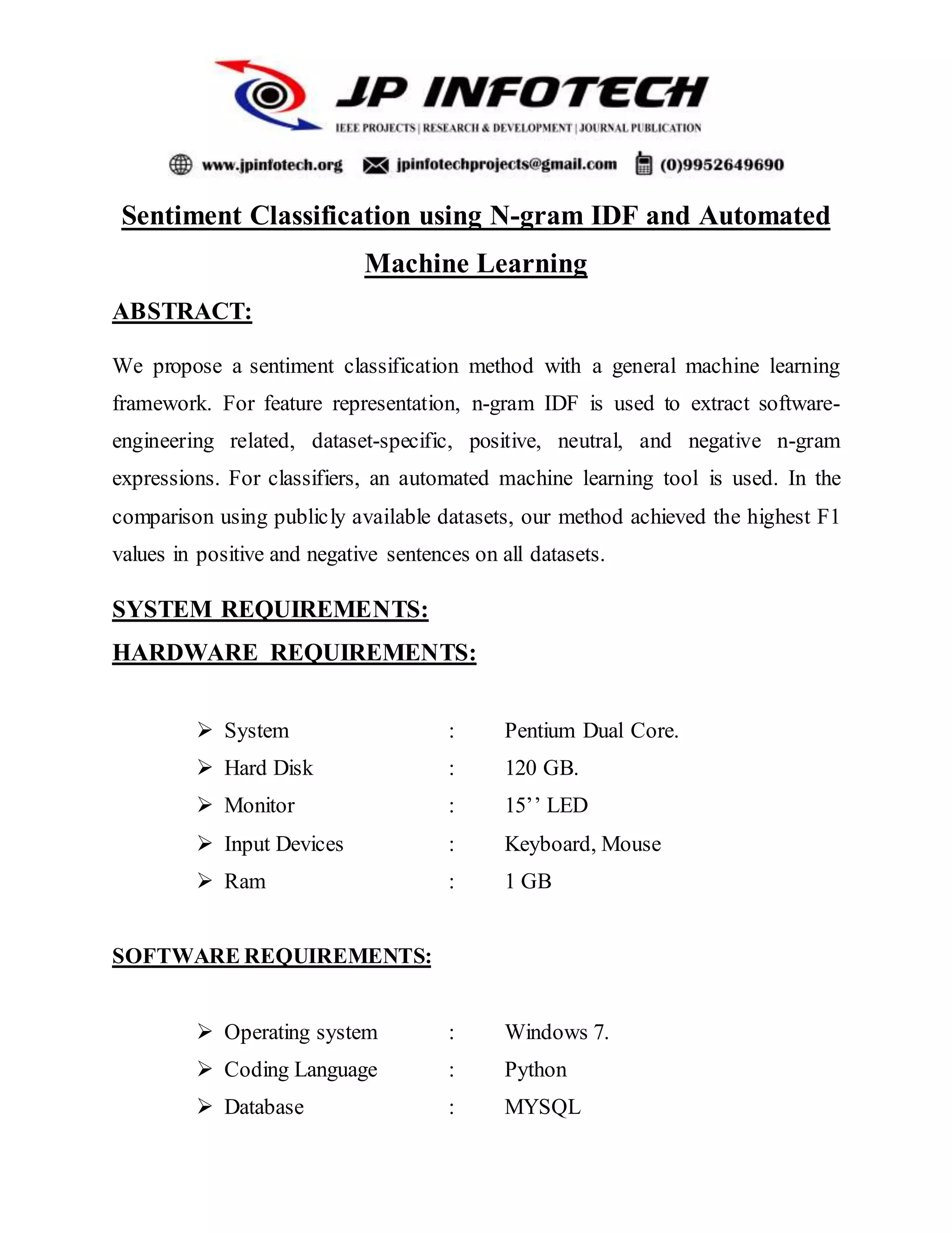 Sentiment Classification Using N Gram Idf And Automated Machine Learning Docx Computing