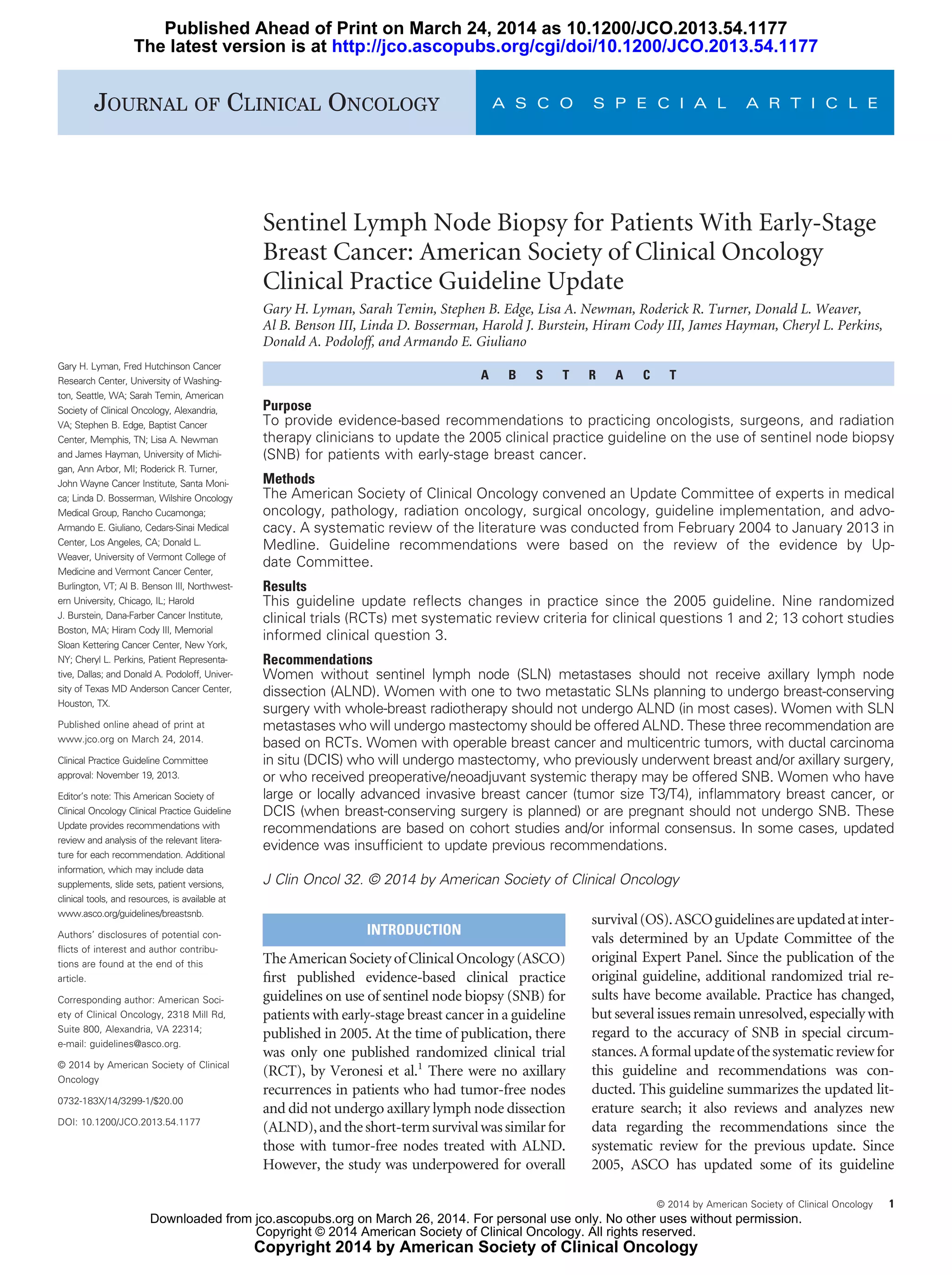 Sentinel Lymph Node Biopsy for Patients with Early Stage Breast Cancer ...