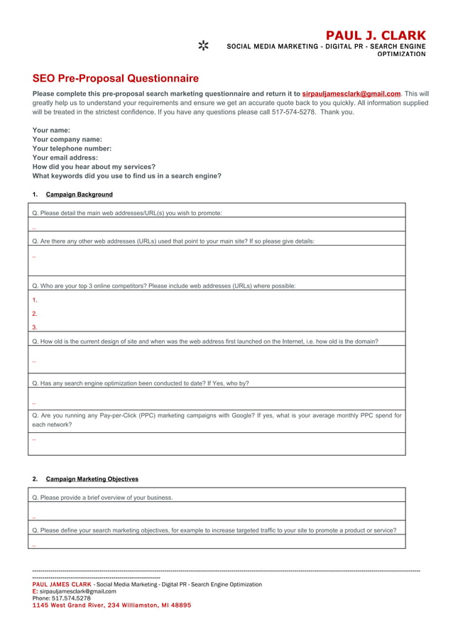 Seo Pre Proposal Questionaire | DOC