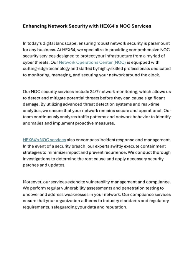 Enhancing Network Security with HEX64's NOC Services | PDF