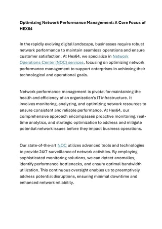 Optimizing Network Performance Management: A Core Focus of HEX64 | PDF