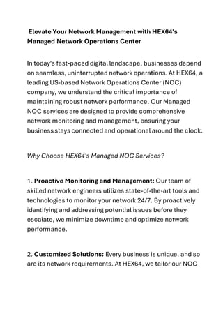 Elevate Your Network Management with HEX64's Managed Network Operations Center | PDF