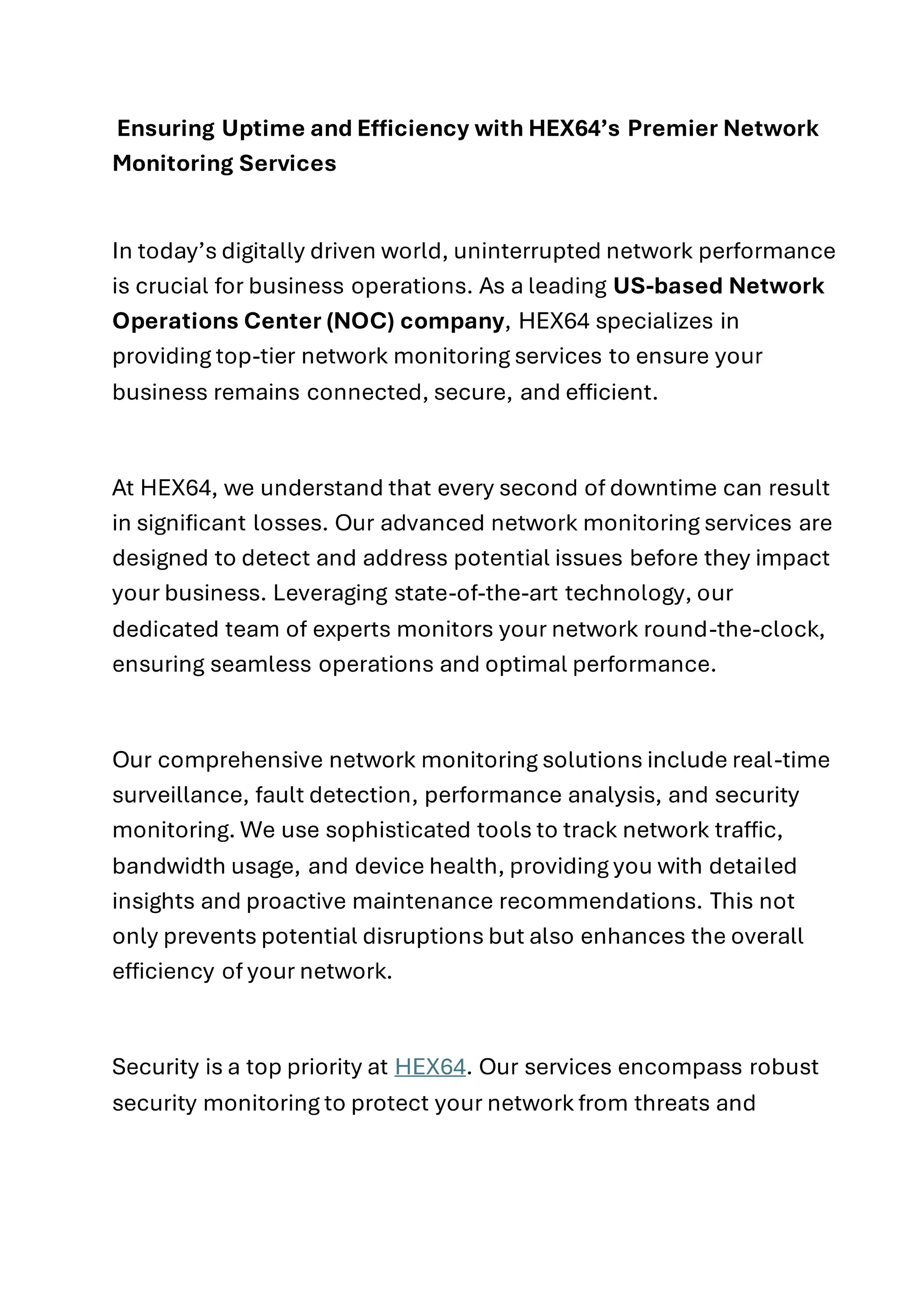 Ensuring Uptime and Efficiency with HEX64’s Premier Network Monitoring Services | PDF