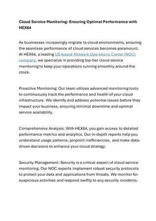 Cloud Service Monitoring: Ensuring Optimal Performance with HEX64 | PDF