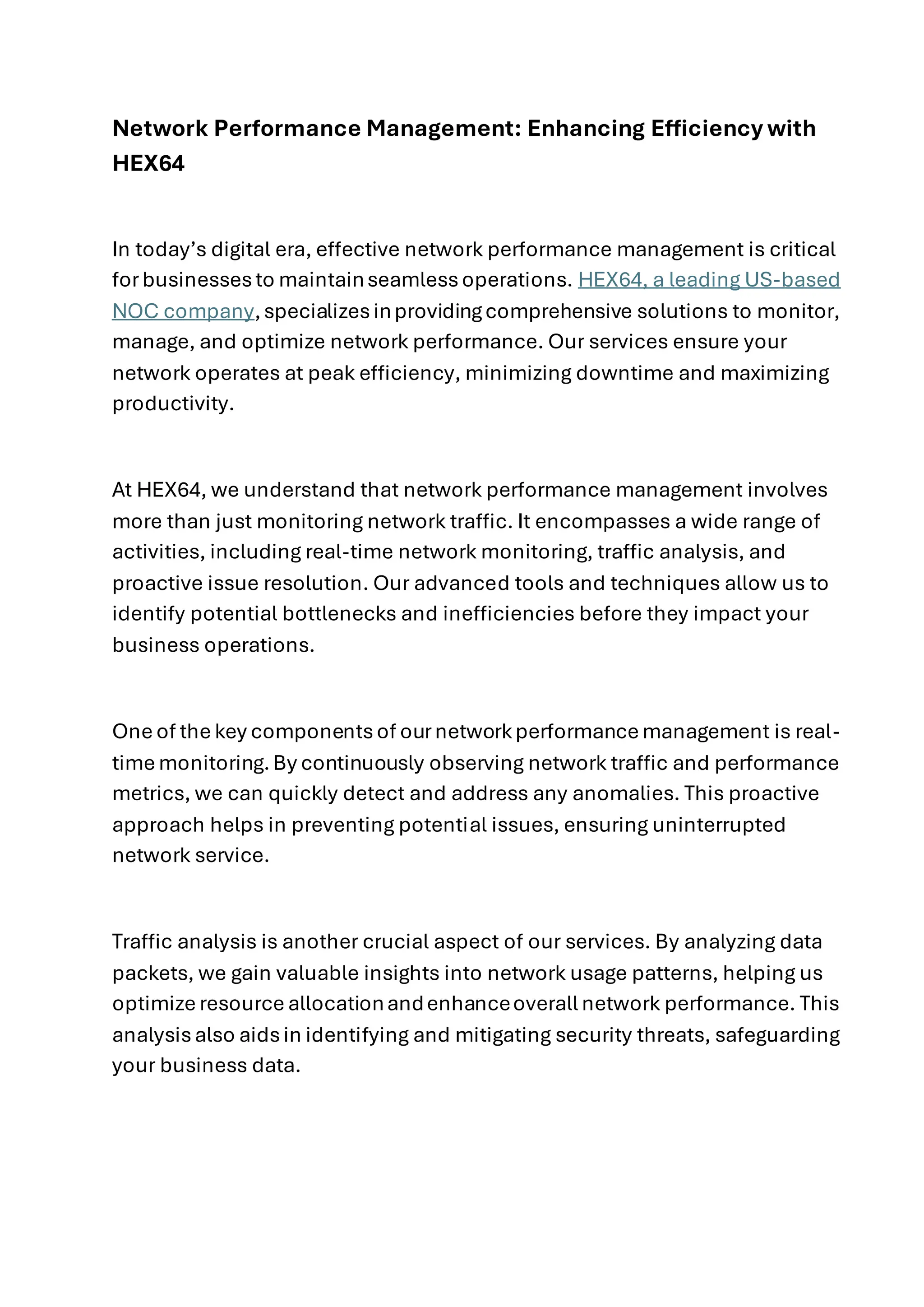 Network Performance Management: Enhancing Efficiency with HEX64 | PDF