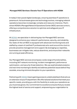 Managed NOC Services: Elevate Your IT Operations with HEX64 | PDF
