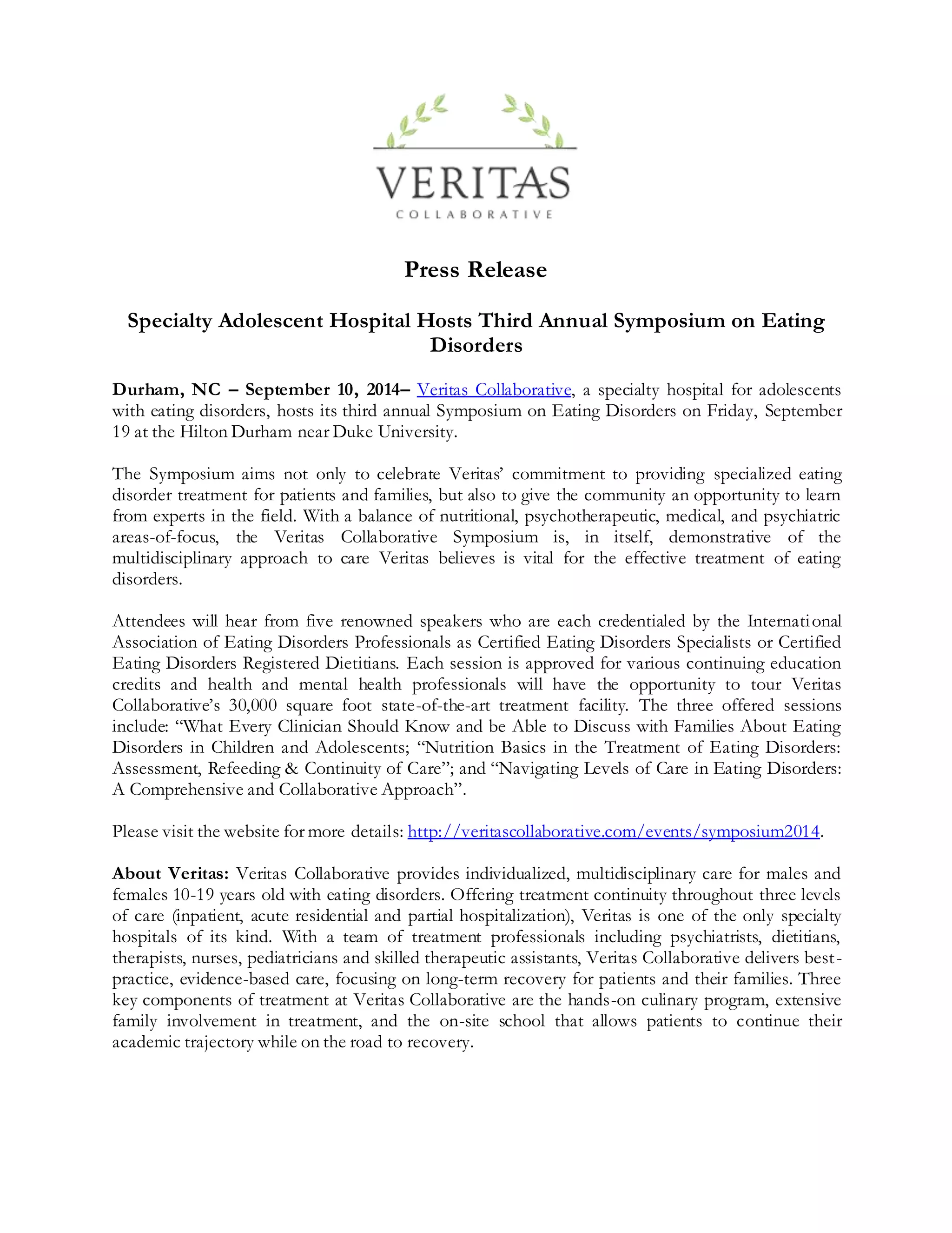 Specialty Adolescent Hospital Hosts Third Annual Symposium on Eating Disorders | Veritas ...