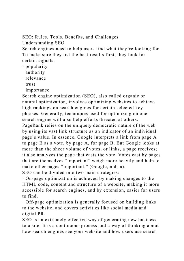 SEO Rules, Tools, Benefits, and ChallengesUnderstanding SEO S.docx