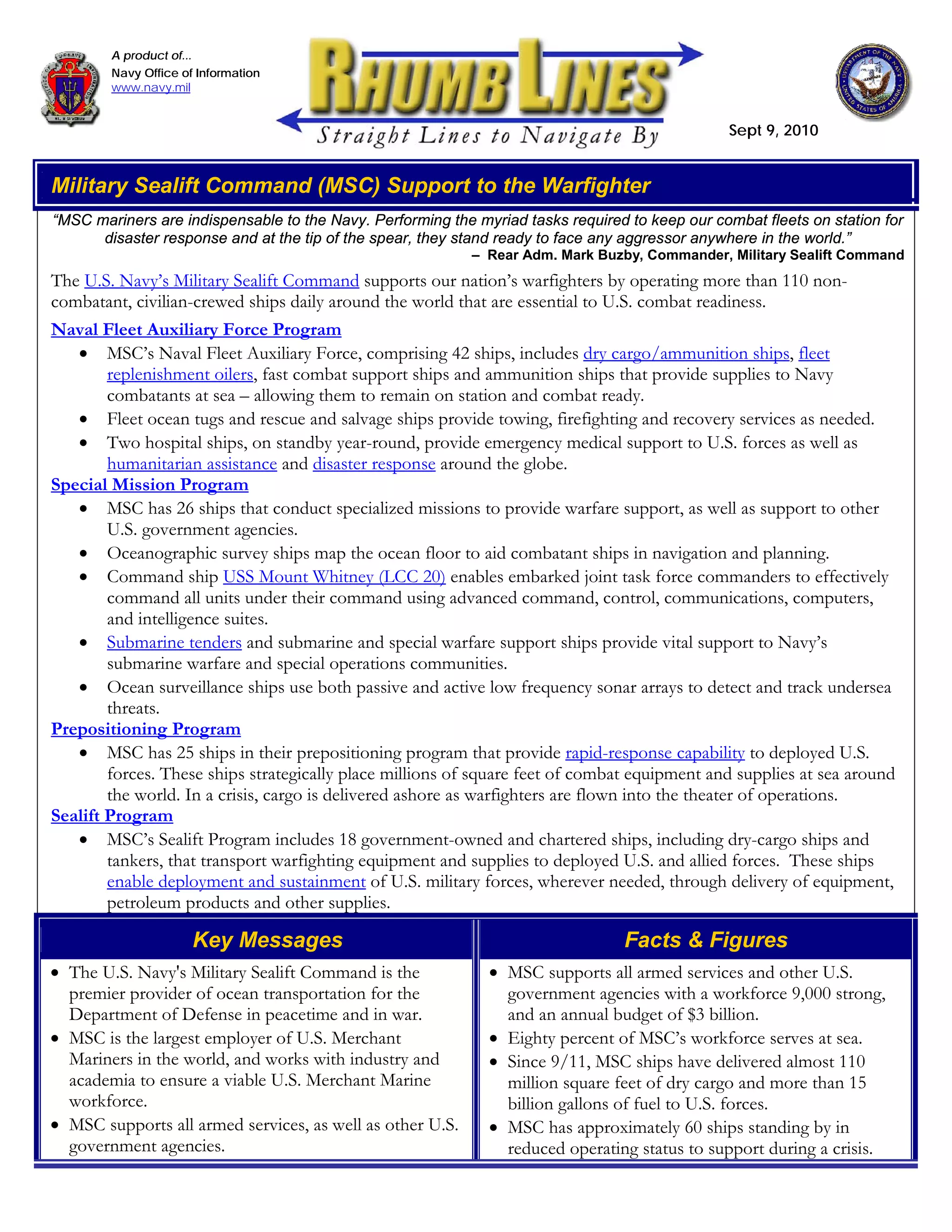Sep 9 2010 military sealift command support to the warfighter | PDF