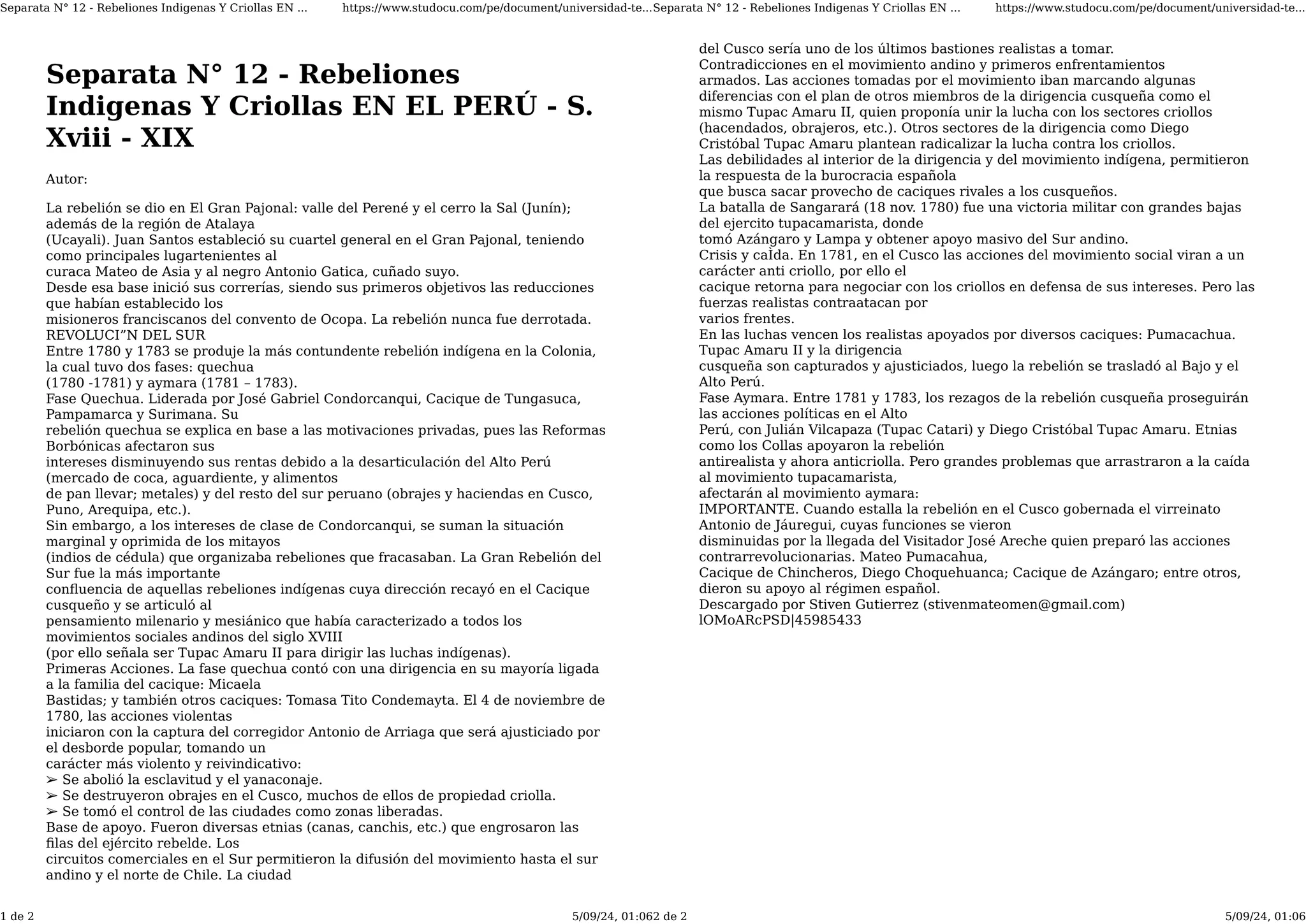 Separata N° 12 - Rebeliones Indigenas Y Criollas EN EL PERÚ - S. Xviii - XIX - separata-n0-12 ...