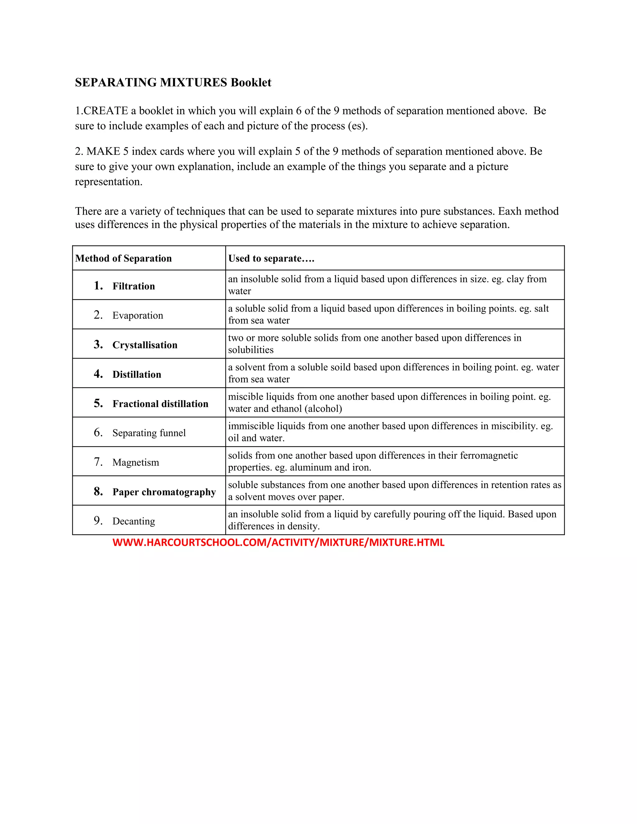 Separating mixtures booklet index cards | DOCX