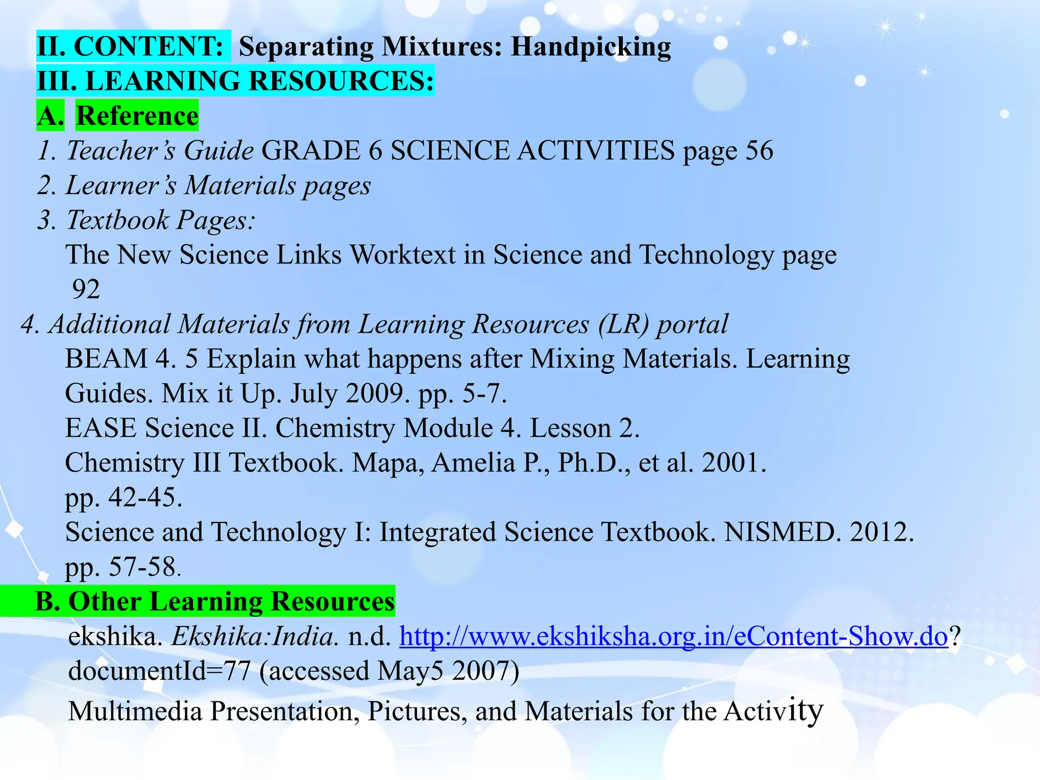 Separating Mixtures Handpicking.ppt Grade 6 | PPTX