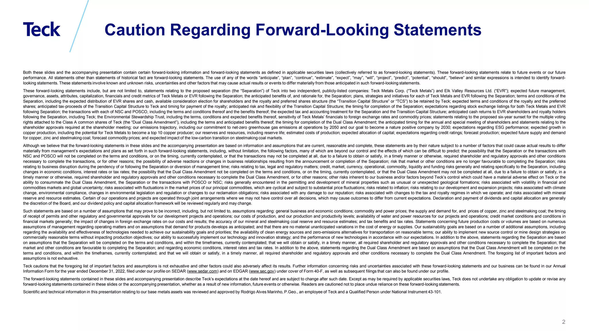 Separation of Teck Metals and Elk Valley Resources | PPT