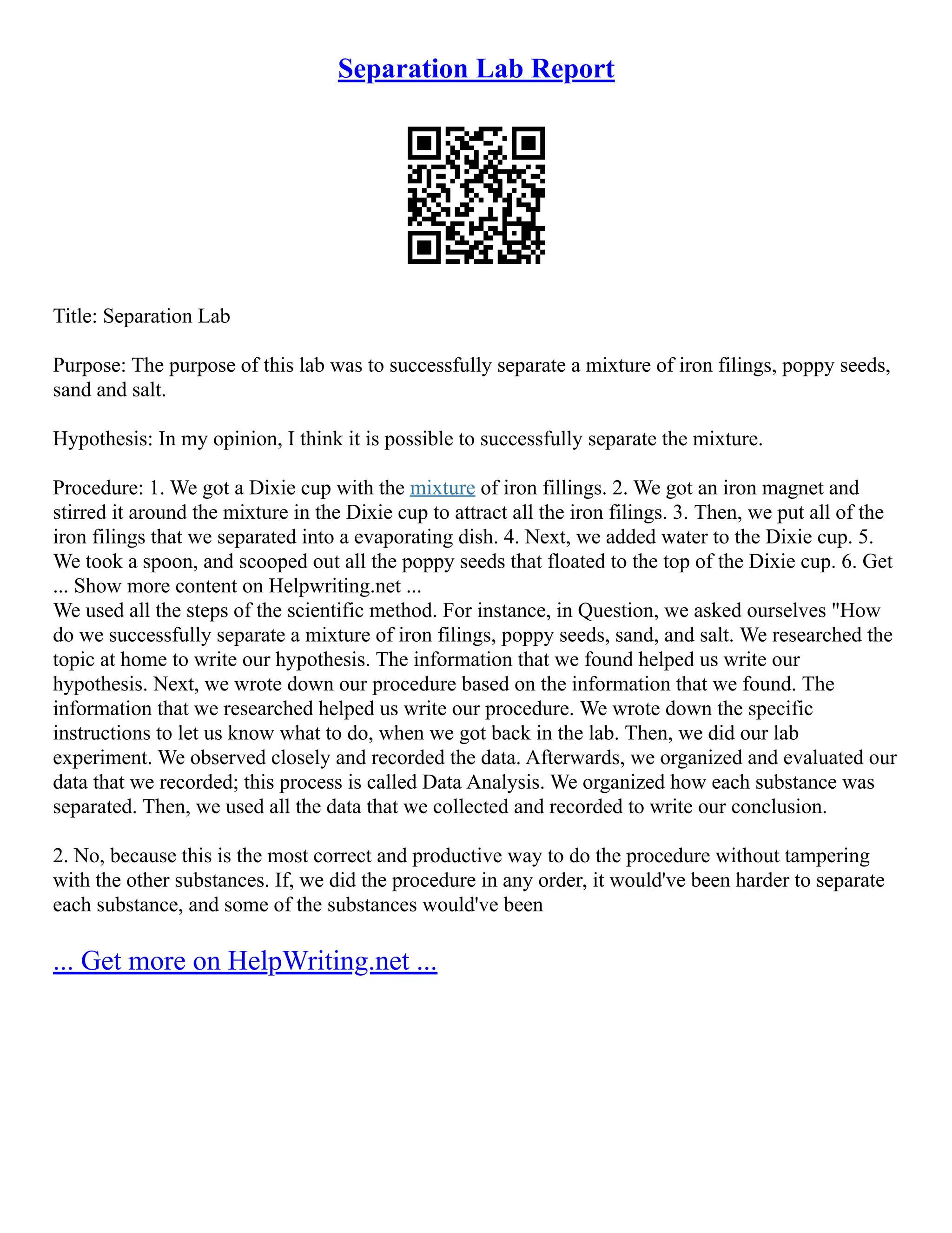 Separation Lab Report | PDF