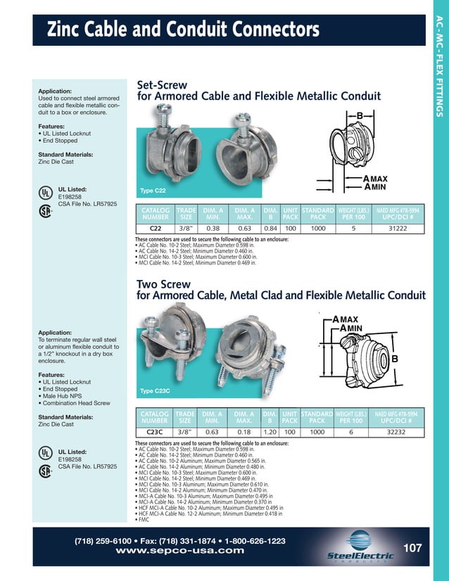 SEPCO Steel Electric Conduit & Cable Fittings - AC MC-FLEX Fittings ...