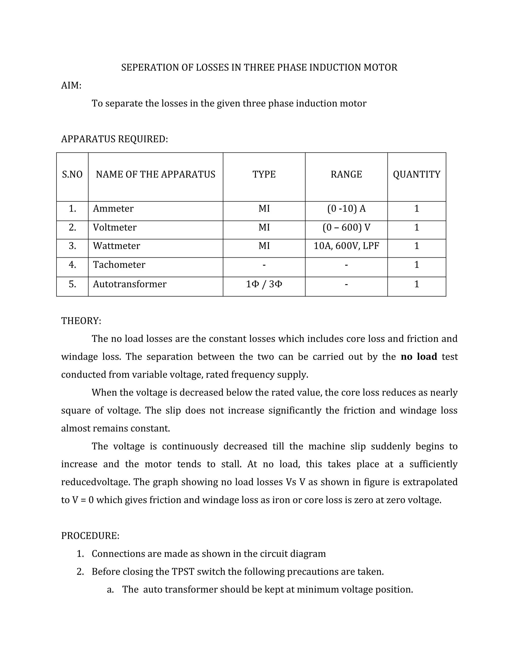 Seperation of losses in three phase induction motor | DOCX