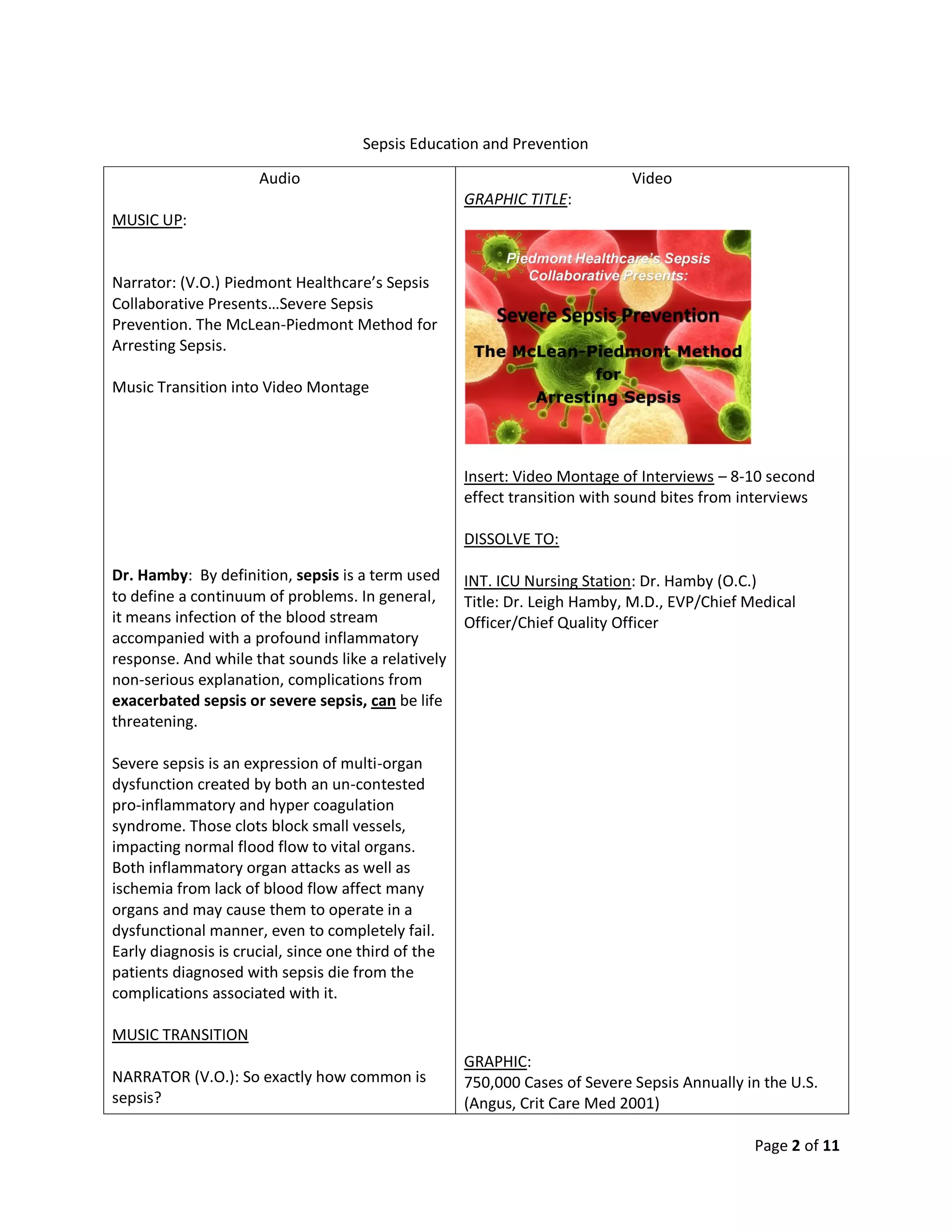 Sepsis Education And Prevention Video Final Working Draft 6 29 09 | PDF