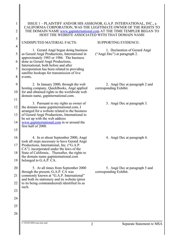 STATEMENT OF UNDISPUTED FACTS. | PDF