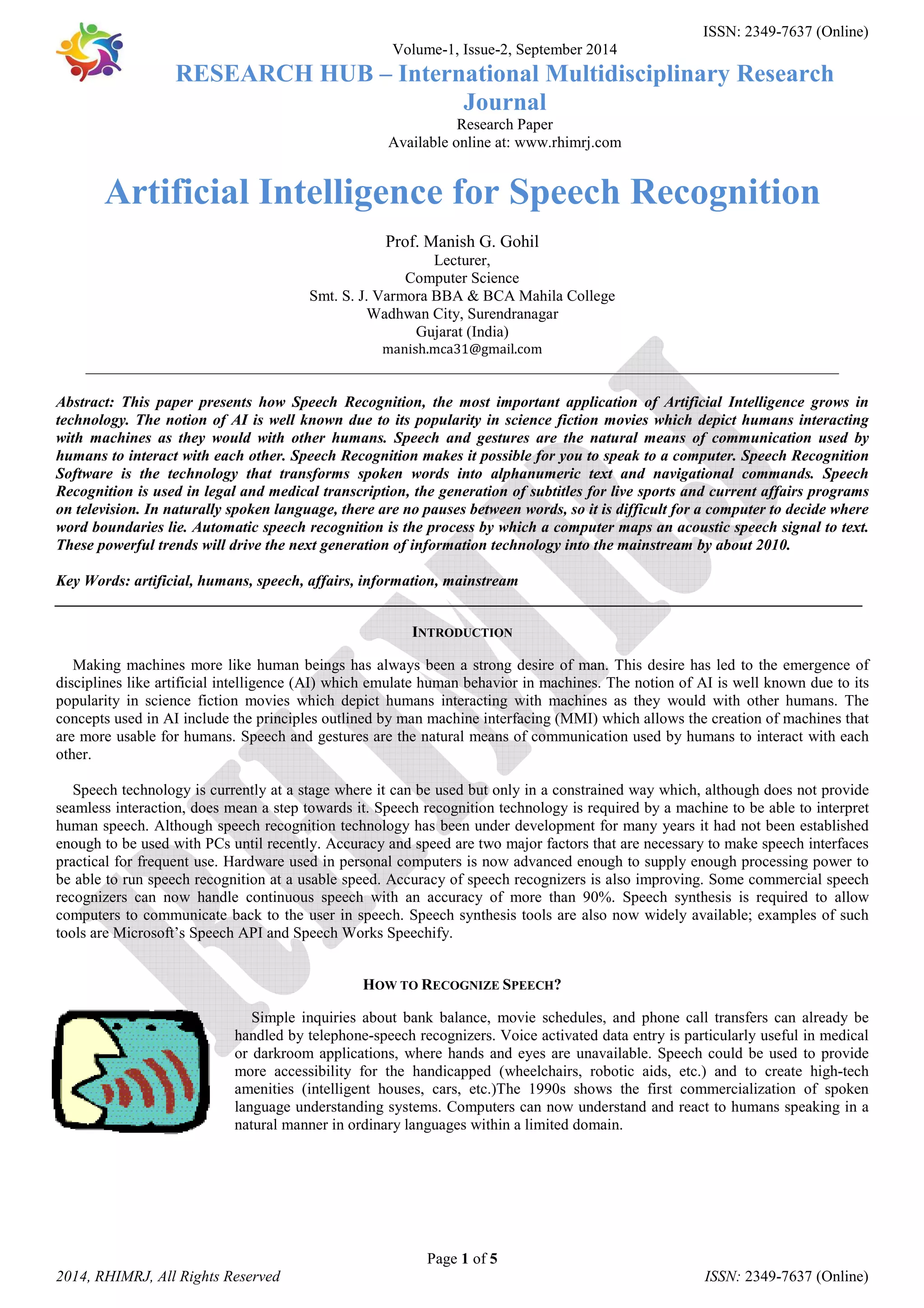 Artificial Intelligence for Speech Recognition | PDF