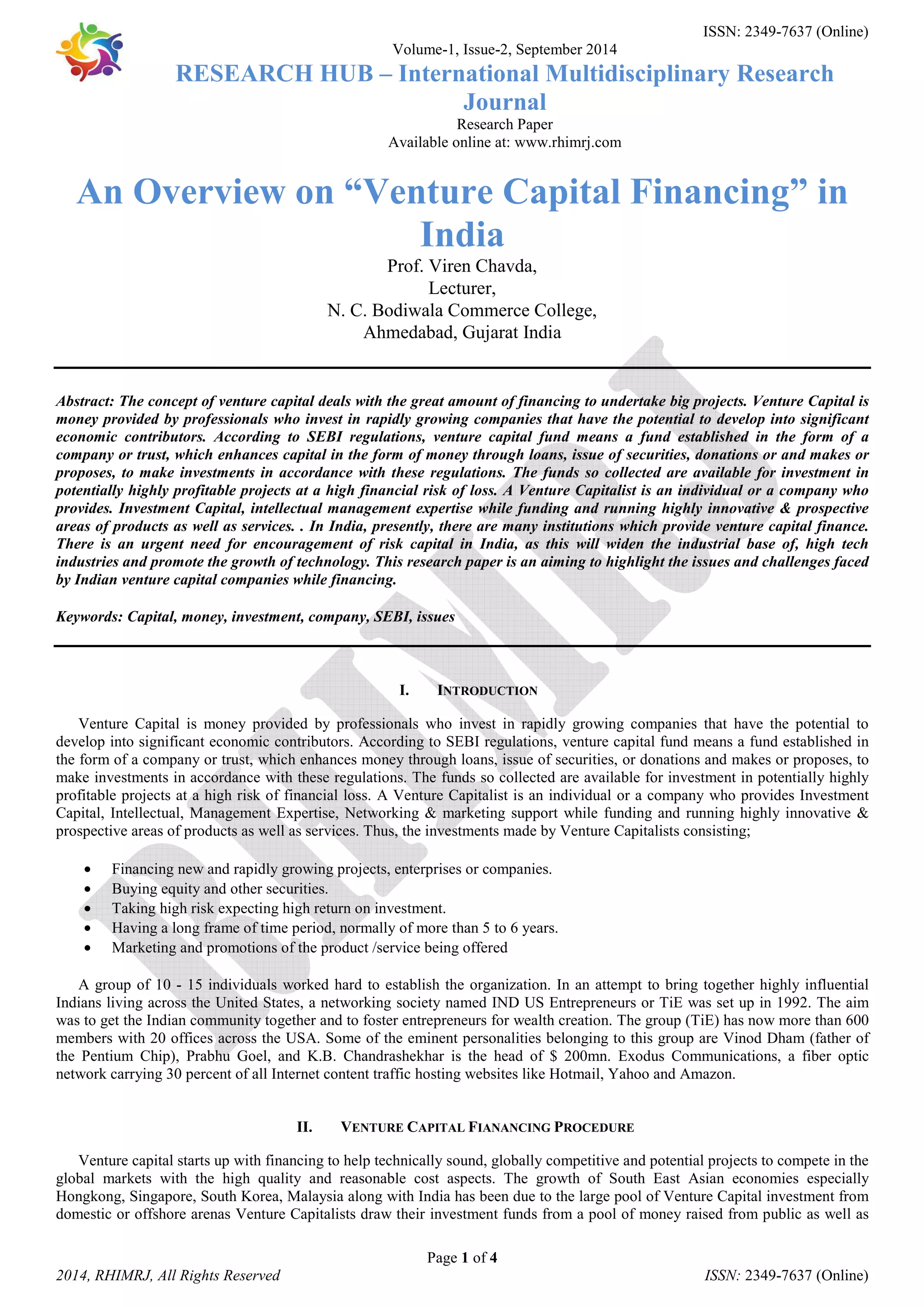 An Overview on “Venture Capital Financing” in India | PDF