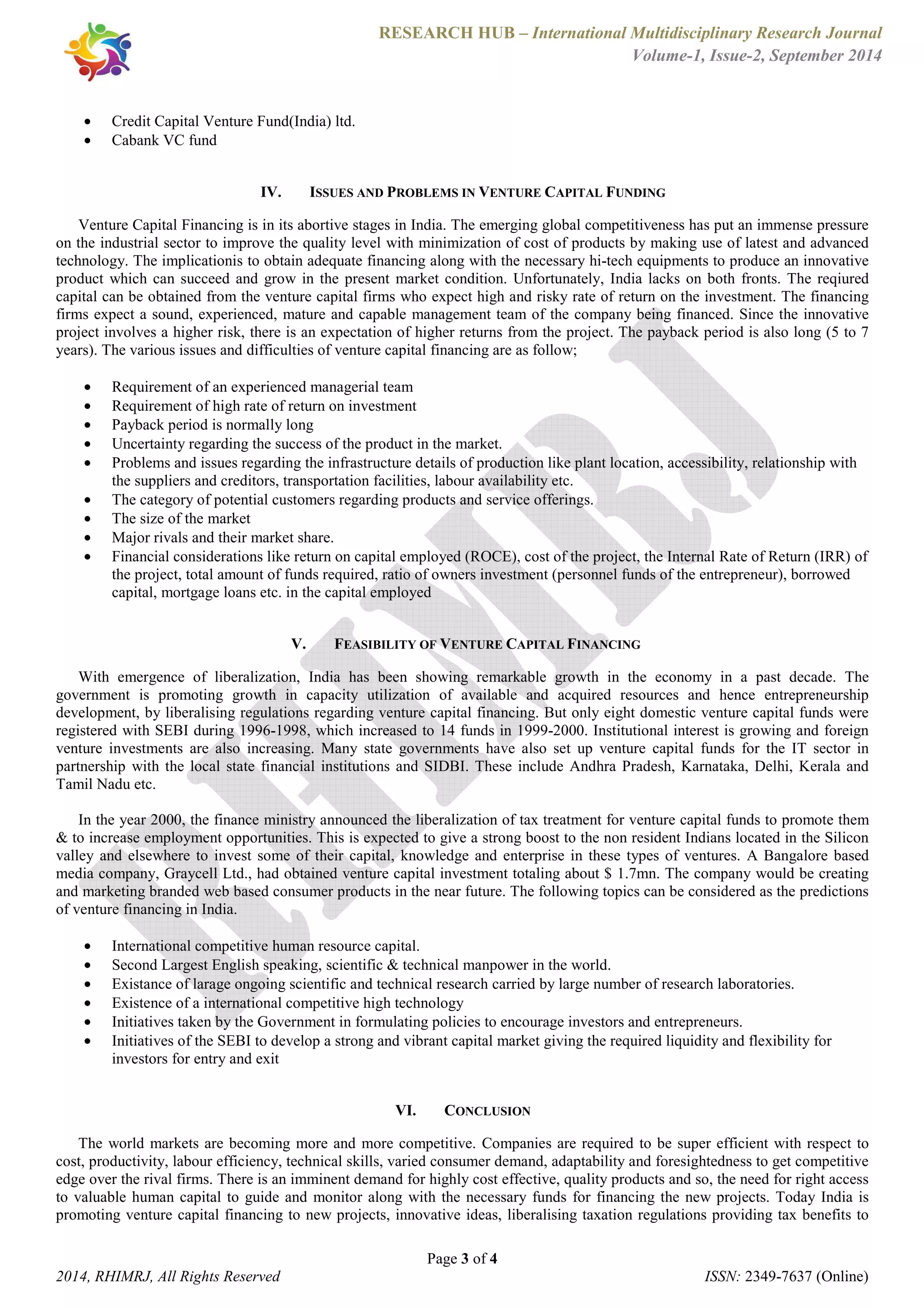 An Overview on “Venture Capital Financing” in India | PDF
