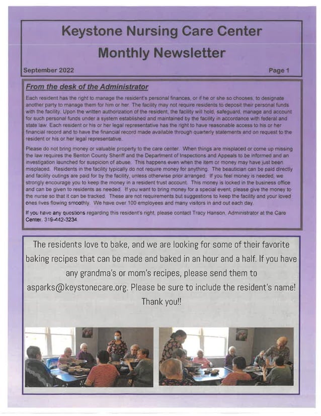 August 2022 Newsletters Keystone Care Center | PDF | Eldercare | Family ...