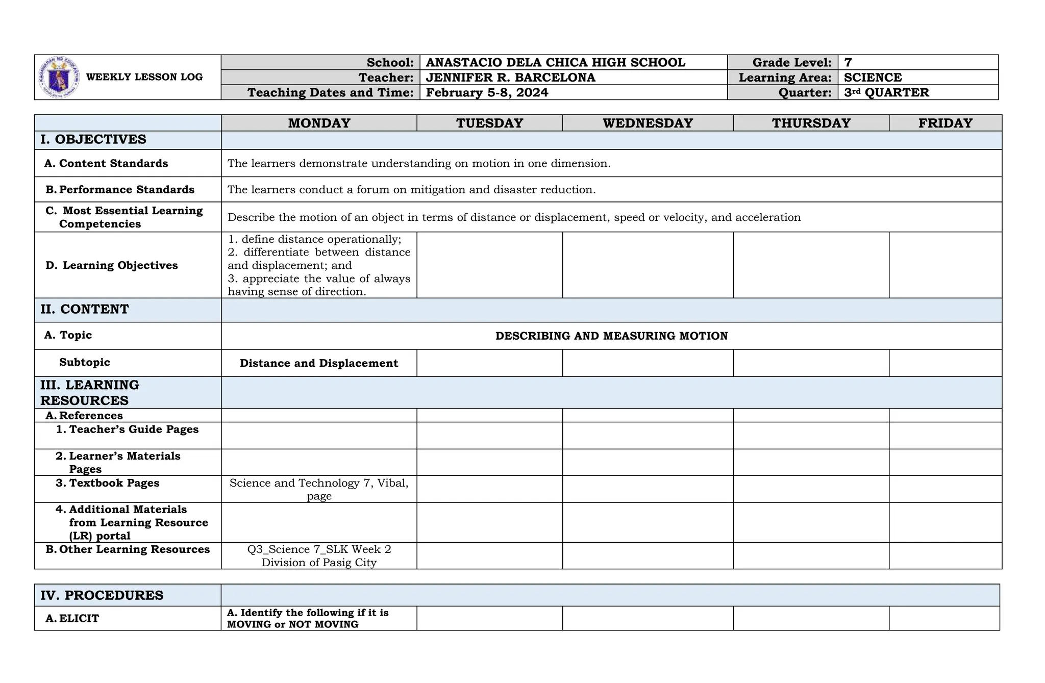 Lesson Plan in Science 7 for September10 | DOCX | Physics | Science