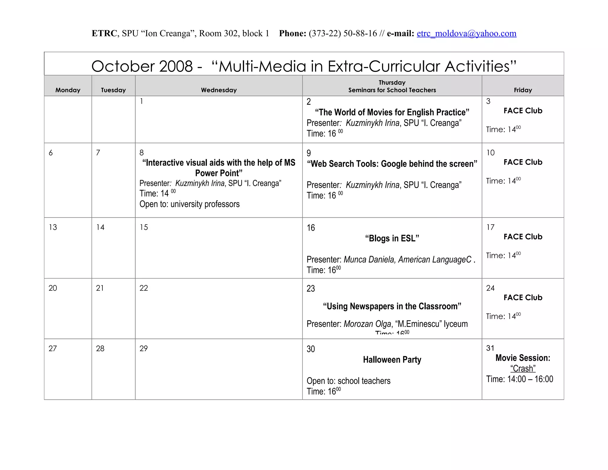 September 2008 Calendar | DOC | Factual | Genres