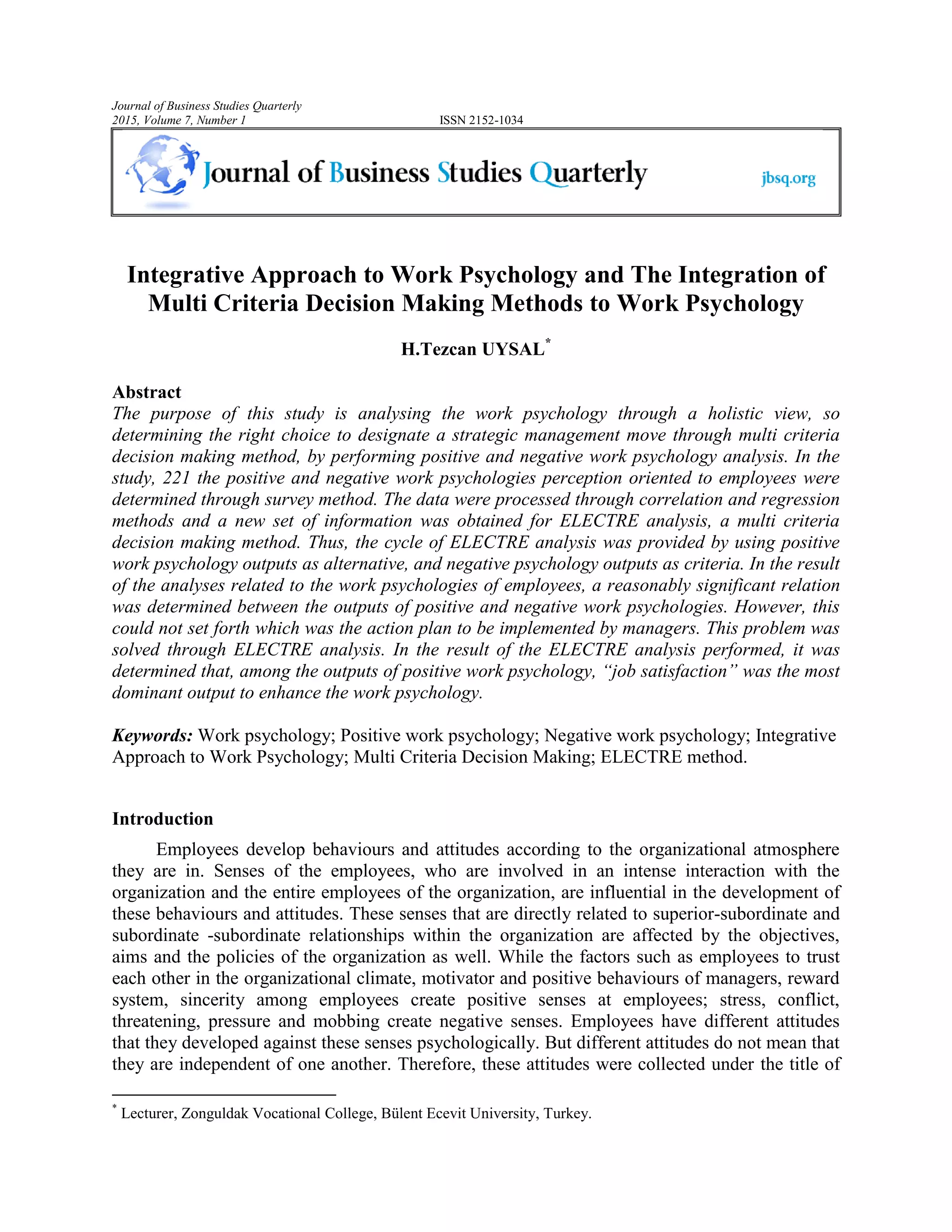 Integrative Approach to Work Psychology and The Integration of Multi ...