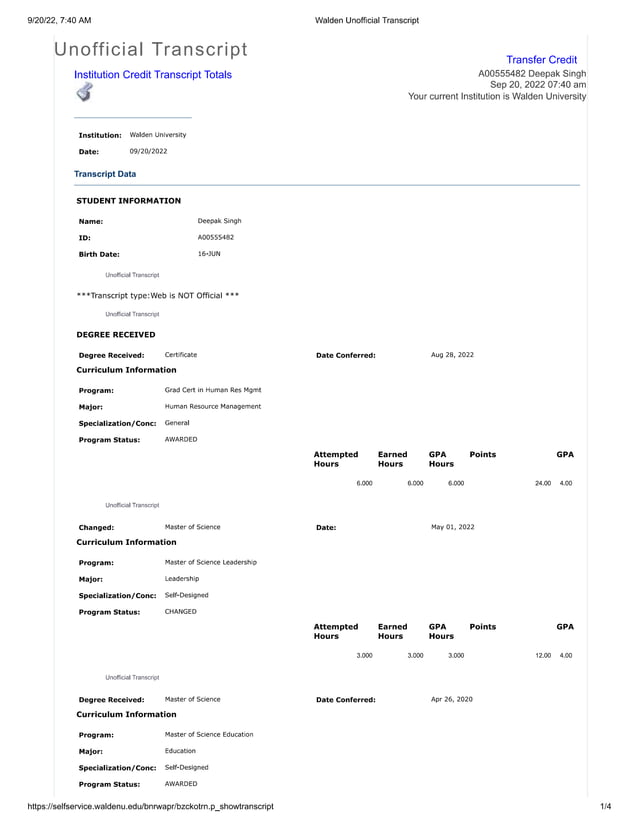September 20, 2022 Walden University Transcript of Deepak (Danny) Singh | PDF